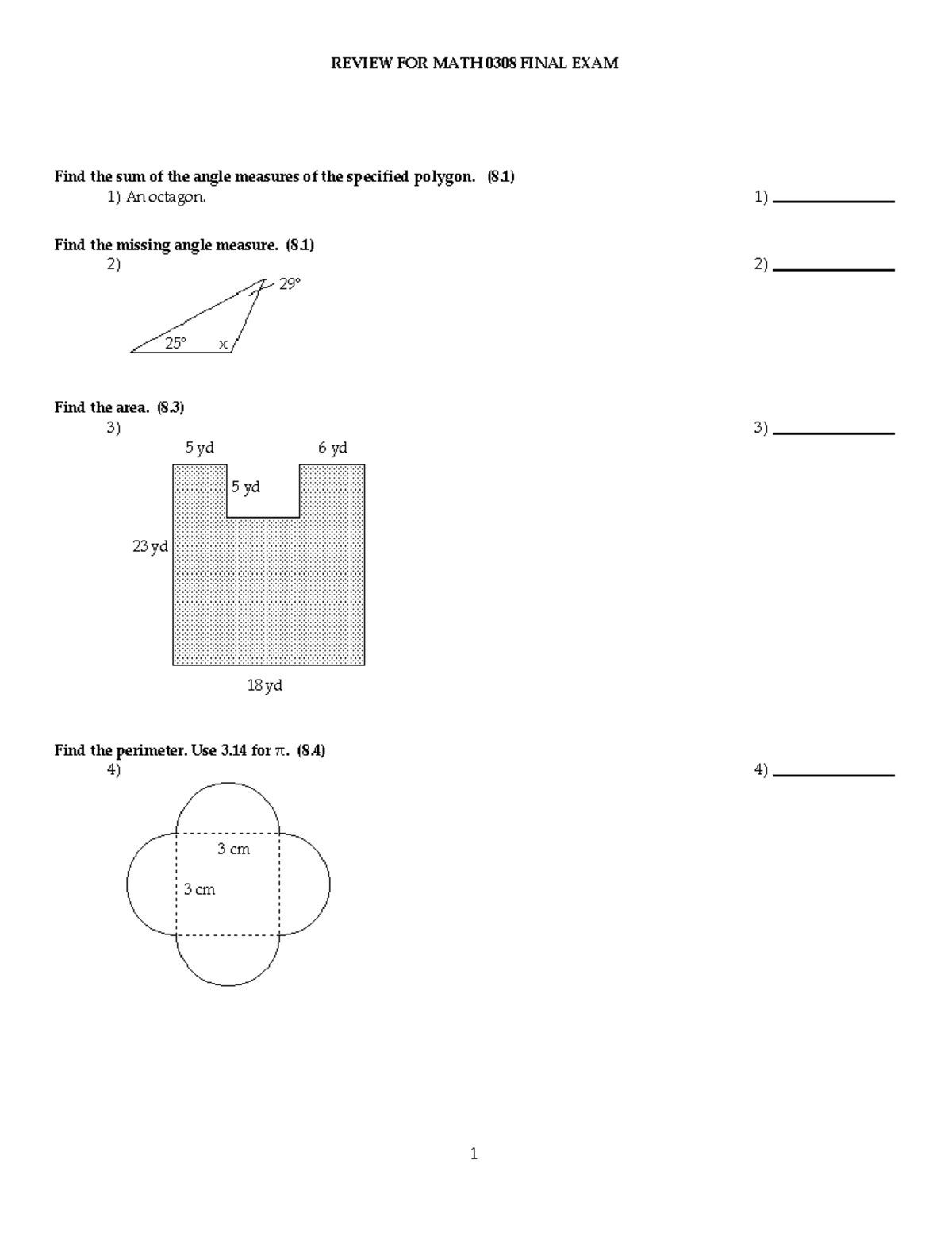 Math review final exam practice - REVIEW FOR MATH 0308 FINAL EXAM Find ...