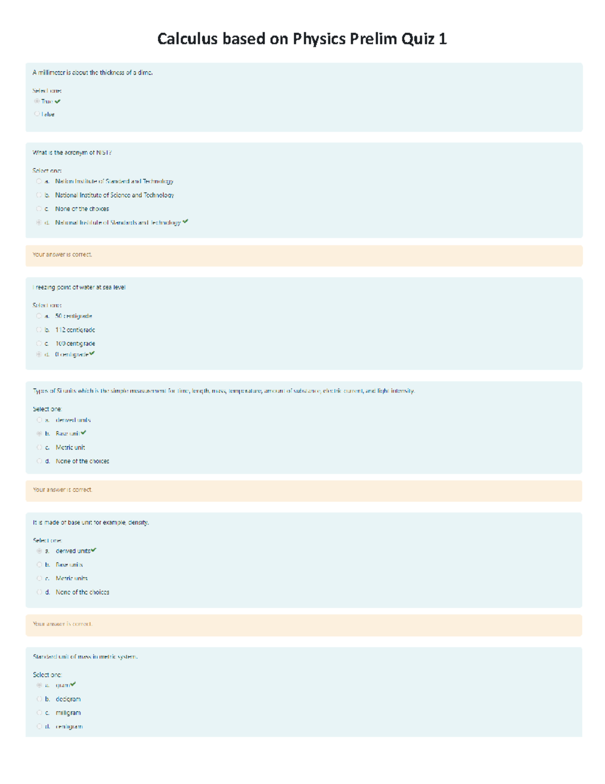 Calculus based on Physics Prelim Quiz 1 - Bachelor of Science in ...