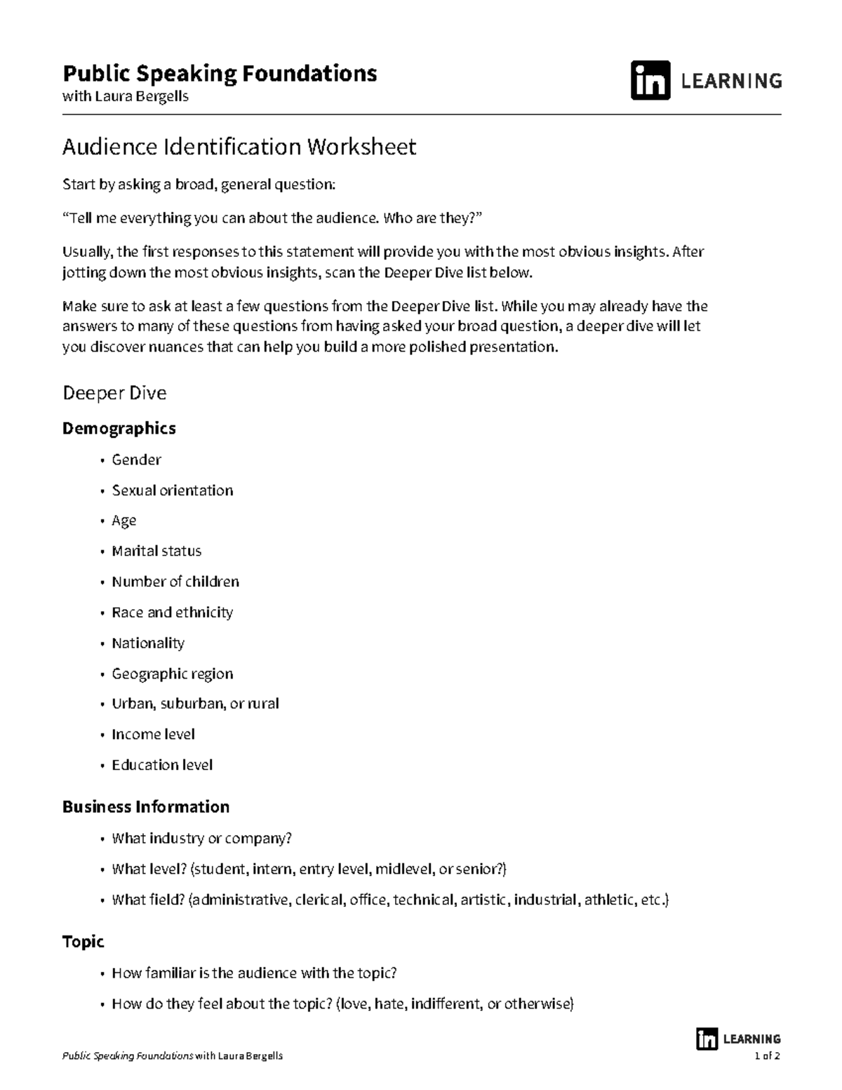 Audience Identification Worksheet - Public Speaking F oundations with ...