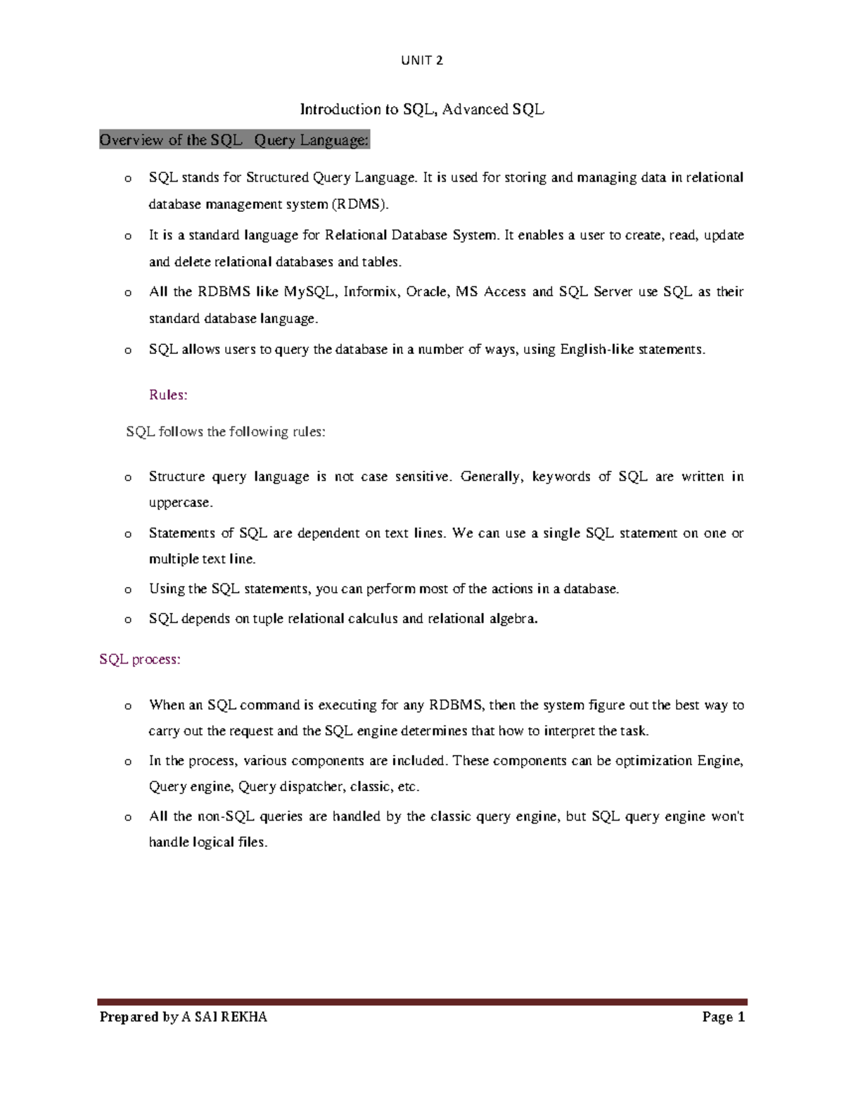 UNIT 2 DBMS Notes - Introduction to SQL, Advanced SQL Overview of the ...