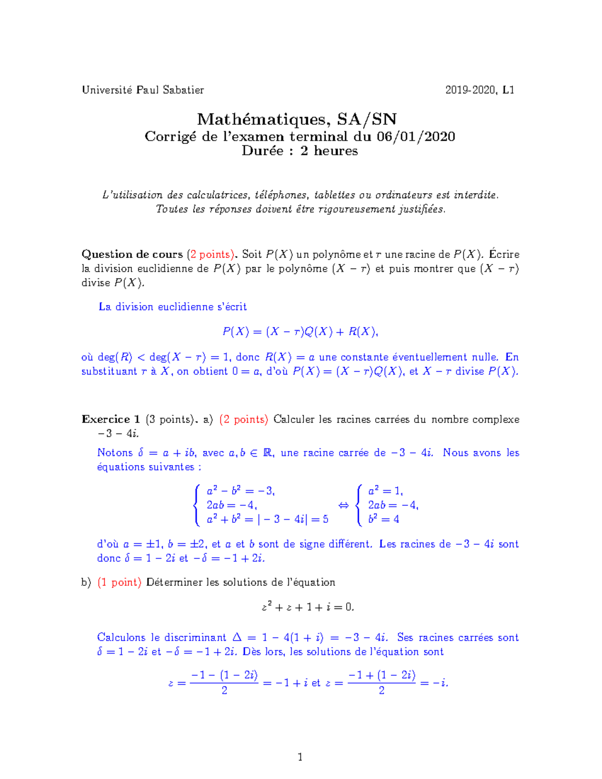 CT SA SN corrige - abcdefghi - Universit ́e Paul Sabatier 2019-2020, L Math ́ematiques, SA/SN ...