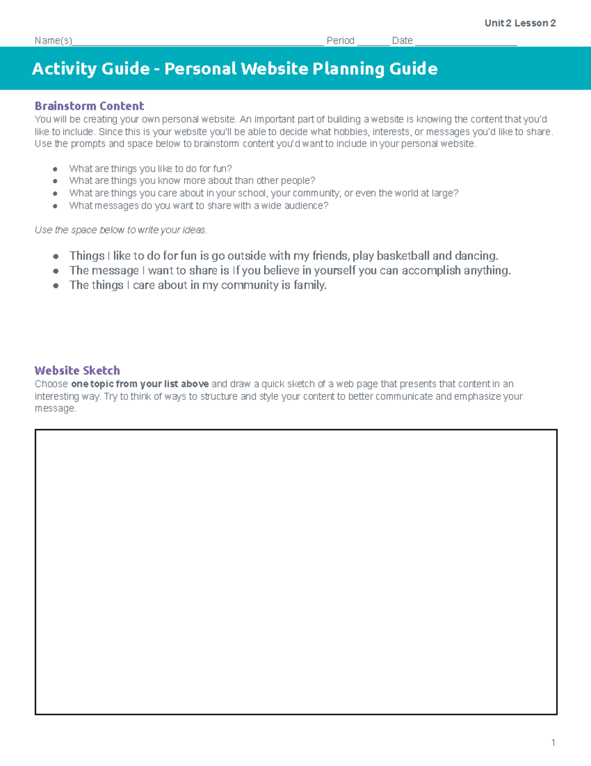 - U2L02 Activity Guide - Personal Website Planning Guide - Unit 2 Lesson 2 - Studocu
