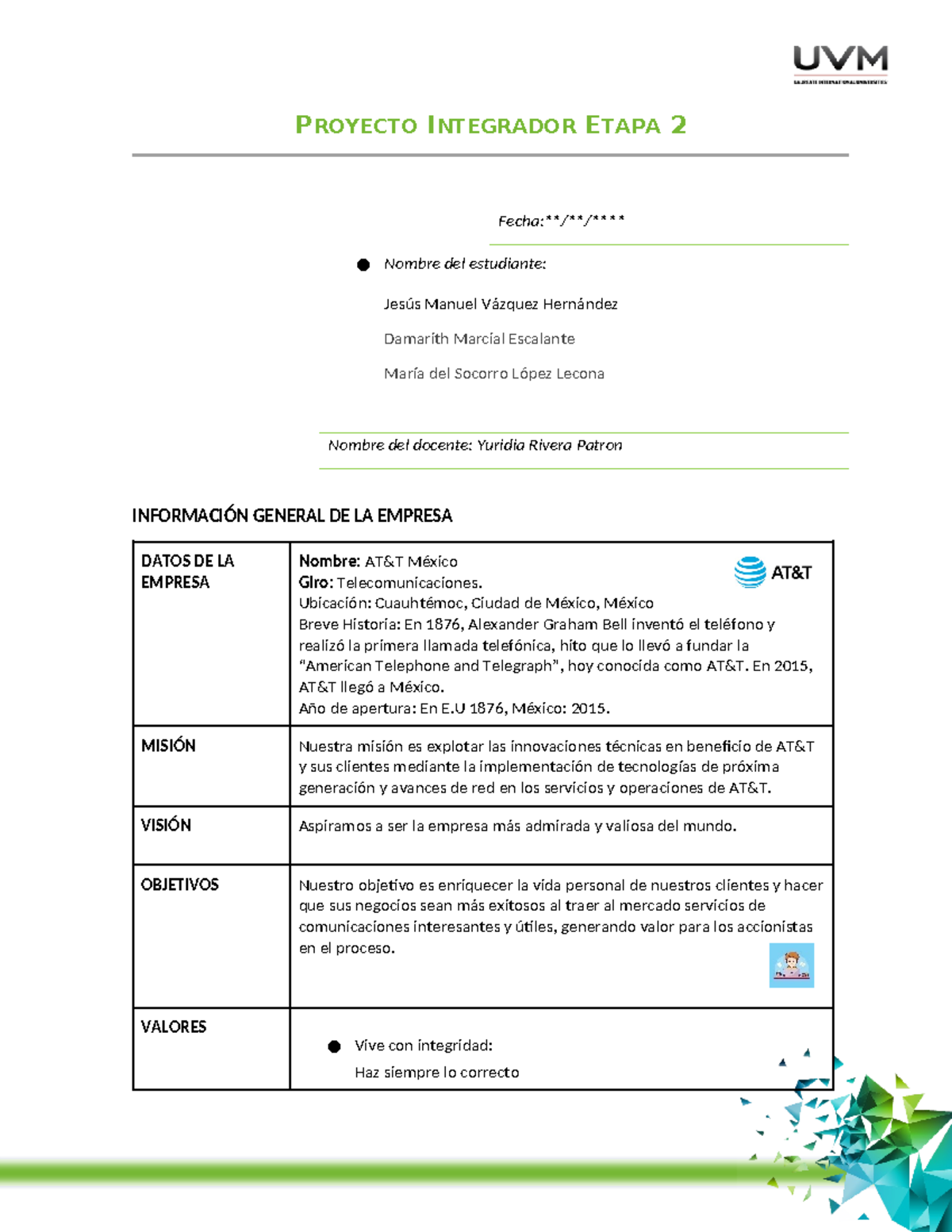 Formato Proyecto Integrador 2 - PROYECTO INTEGRADOR ETAPA 2 Fecha://**** Nombre del estudiante ...