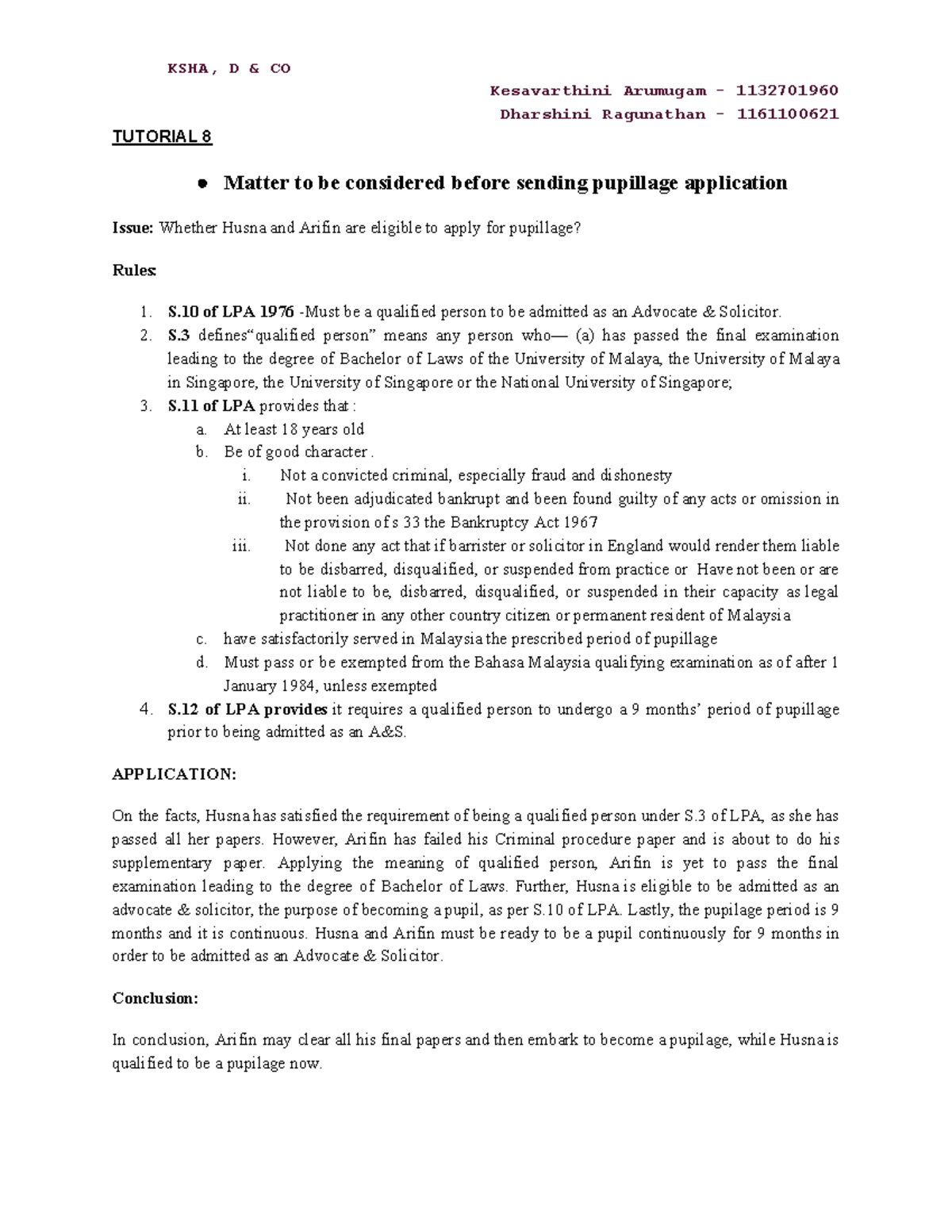 PP-Pupilage - KSHA, D & CO Kesavarthini Arumugam - 1132701960 Dharshini ...