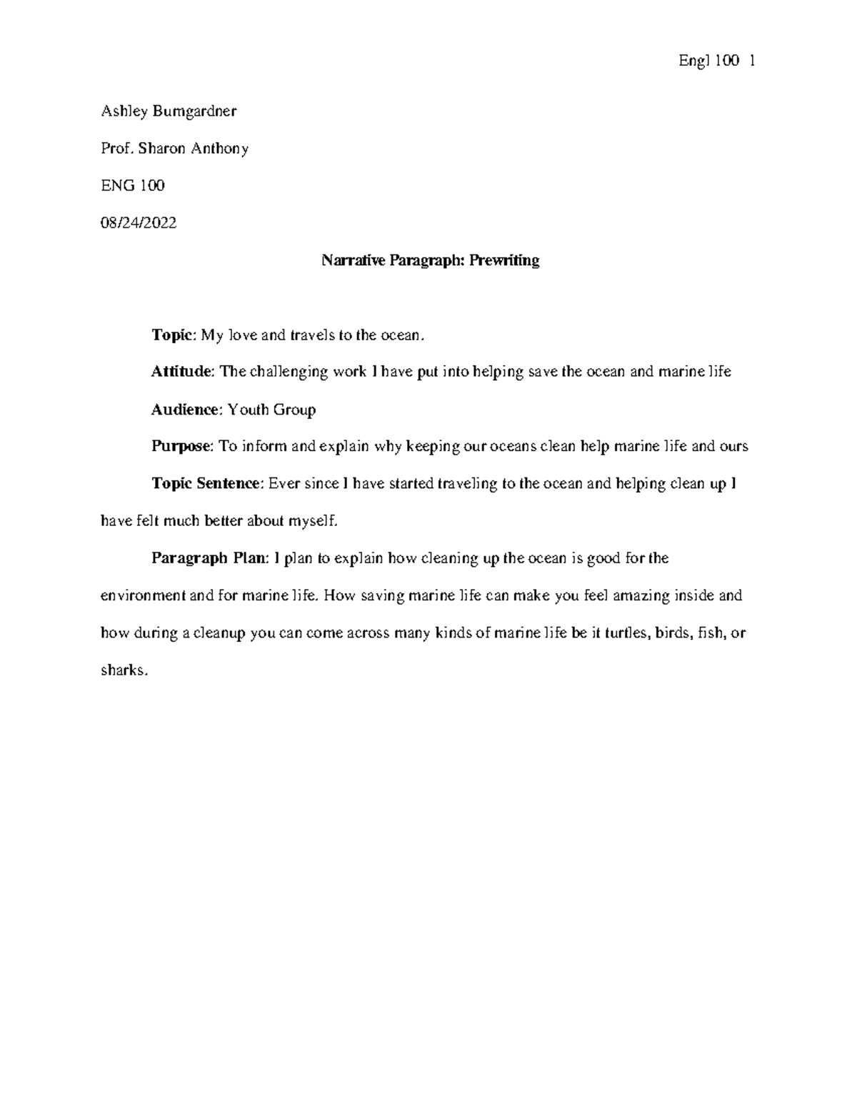 Narrative Paragraph Prewriting - Engl 100 1 Ashley Bumgardner Prof ...