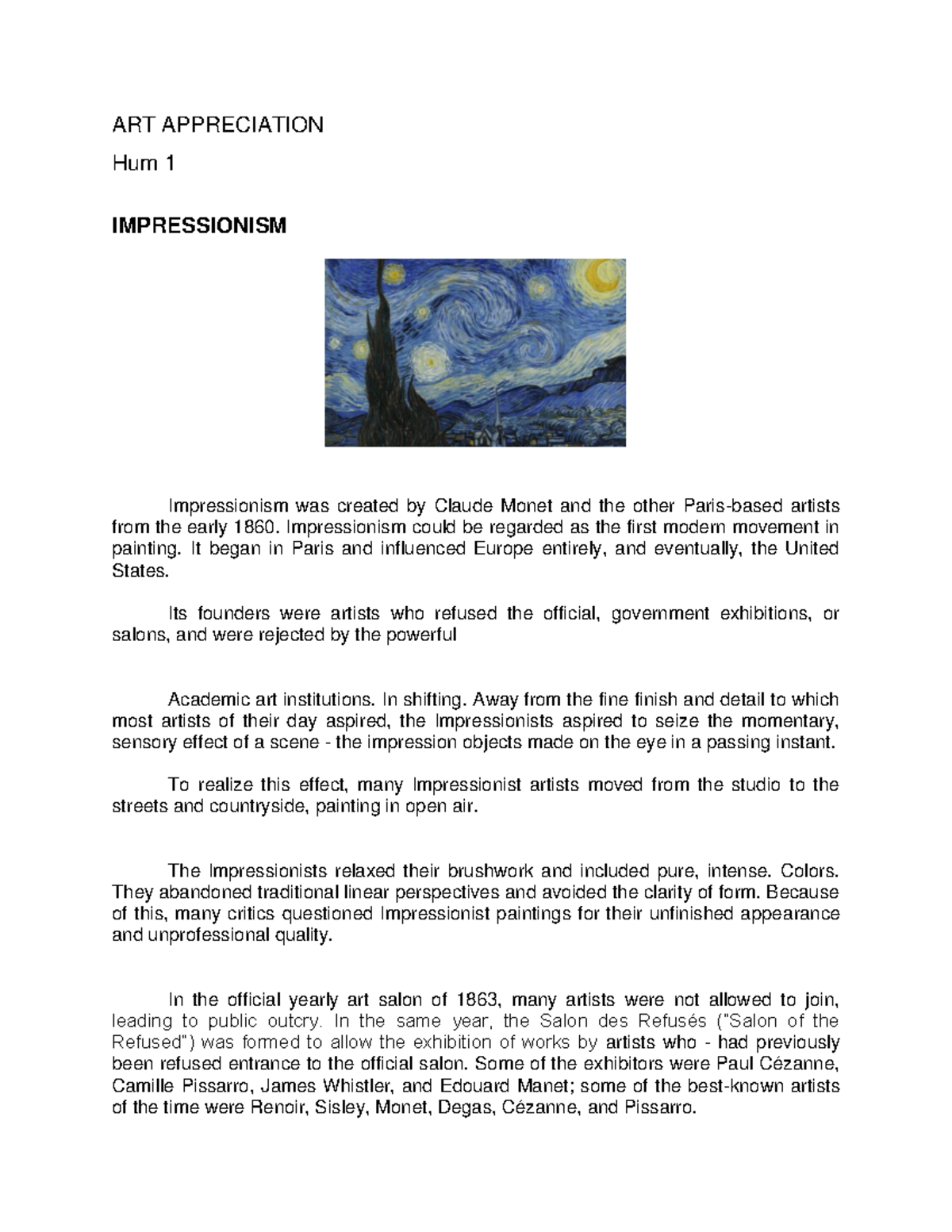 Art Appreciation Hum 1 - Impressionism - ART APPRECIATION Hum 1 ...