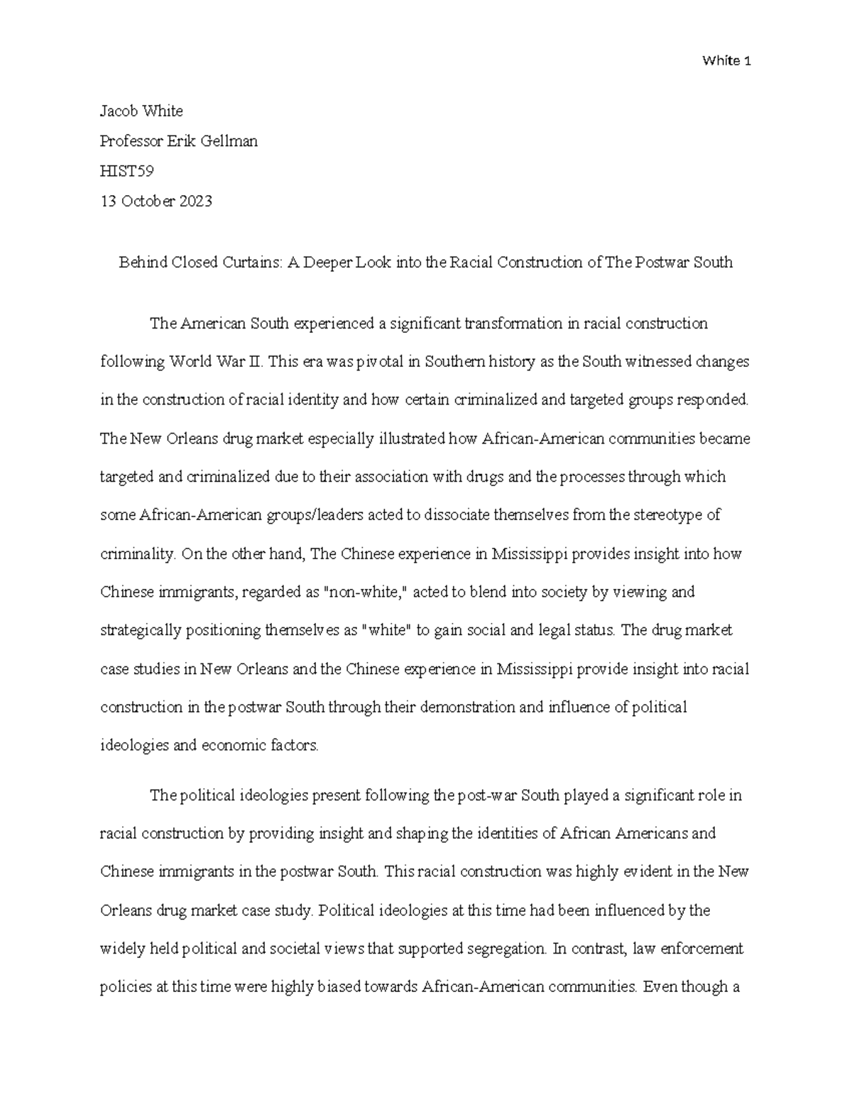 7th Paper -Jacob White - Jacob White Professor Erik Gellman HIST 13 ...