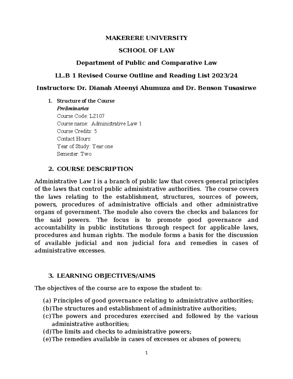 Revised course outline for Admn law 1 2023-24 - MAKERERE UNIVERSITY SCHOOL OF LAW Department of ...