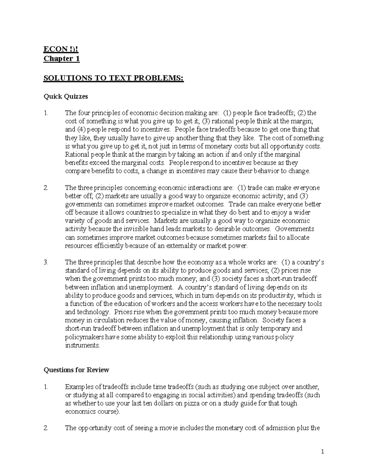 Solutions for chapters 1 - 5 principles of economics - 1 ECON ...