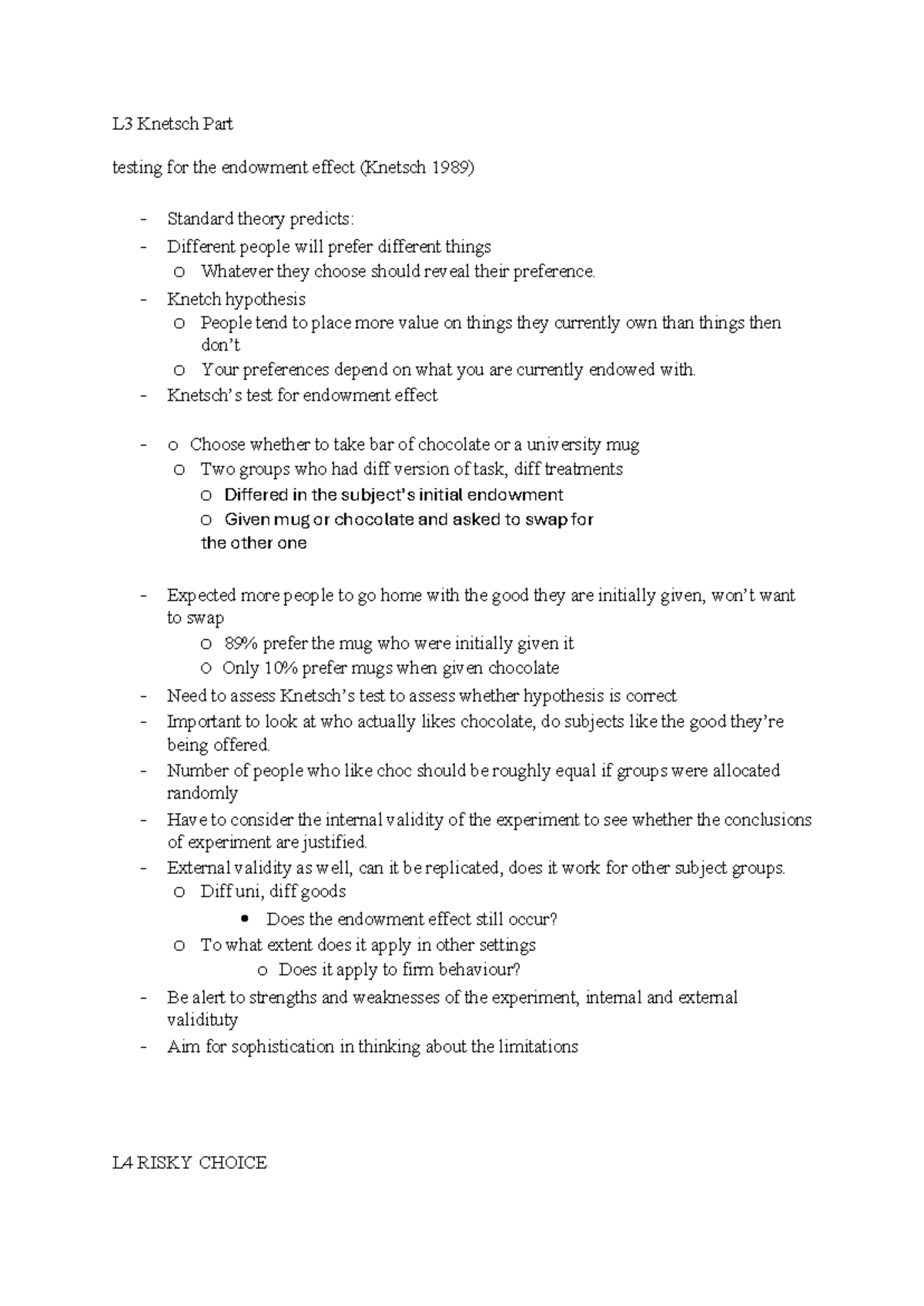 P1 Behav Notes - L3 Knetsch Part testing for the endowment effect ...