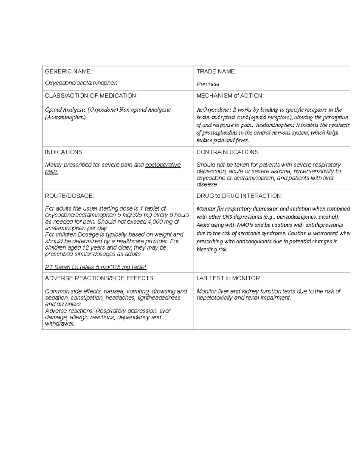 Oxycodone med - RNSG 1360 GENERIC NAME: Oxycodone/acetaminophen TRADE ...