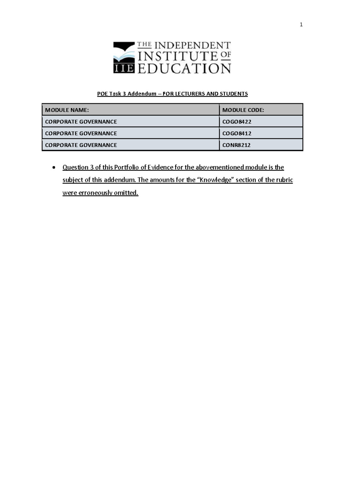 Addendum COGO8412 POE Task 3 - POE Task 3 Addendum – FOR LECTURERS AND ...