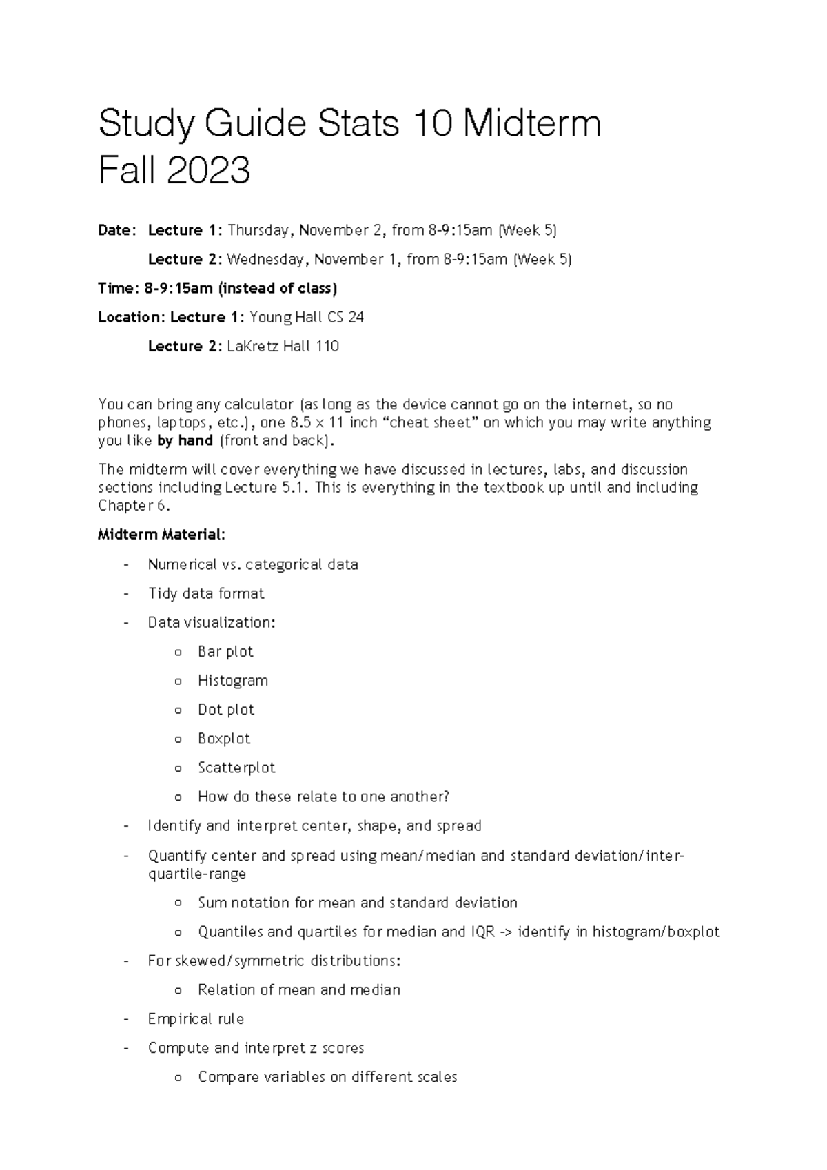 Study Guide Stats 10 Midterm Syllabus - Study Guide Stats 10 Midterm ...