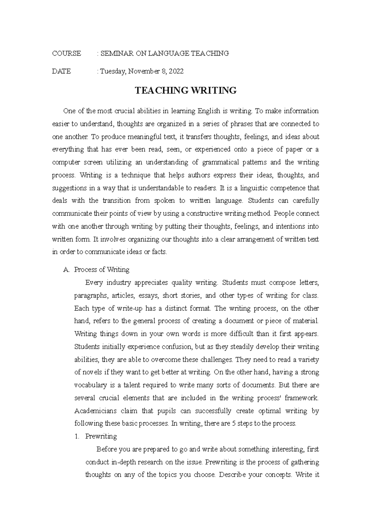 Teaching Writing - Seminar on Language Teaching - COURSE : SEMINAR ON ...