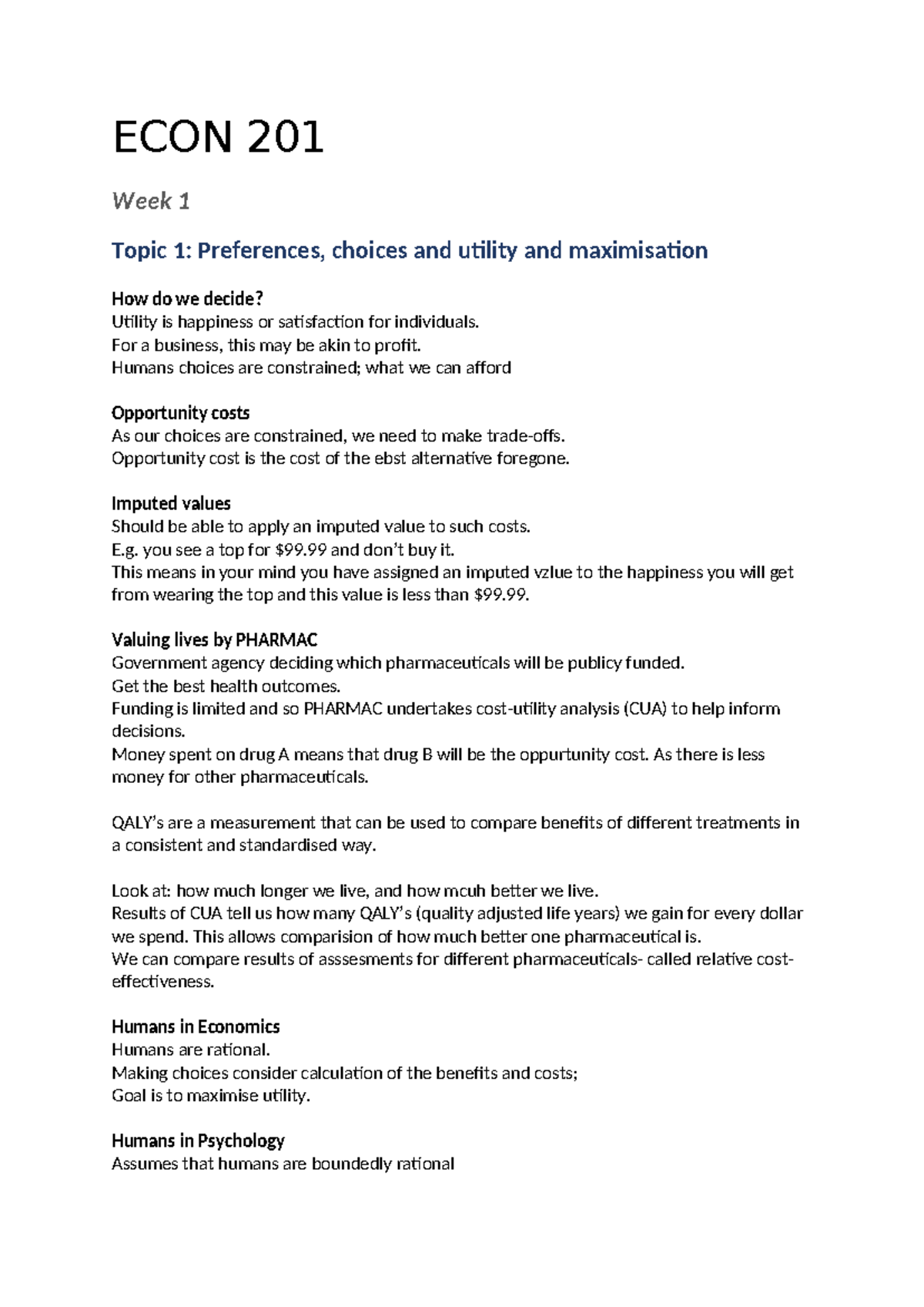 ECON 201 topic 1 notes - ECON 201 Week 1 Topic 1: Preferences, choices ...