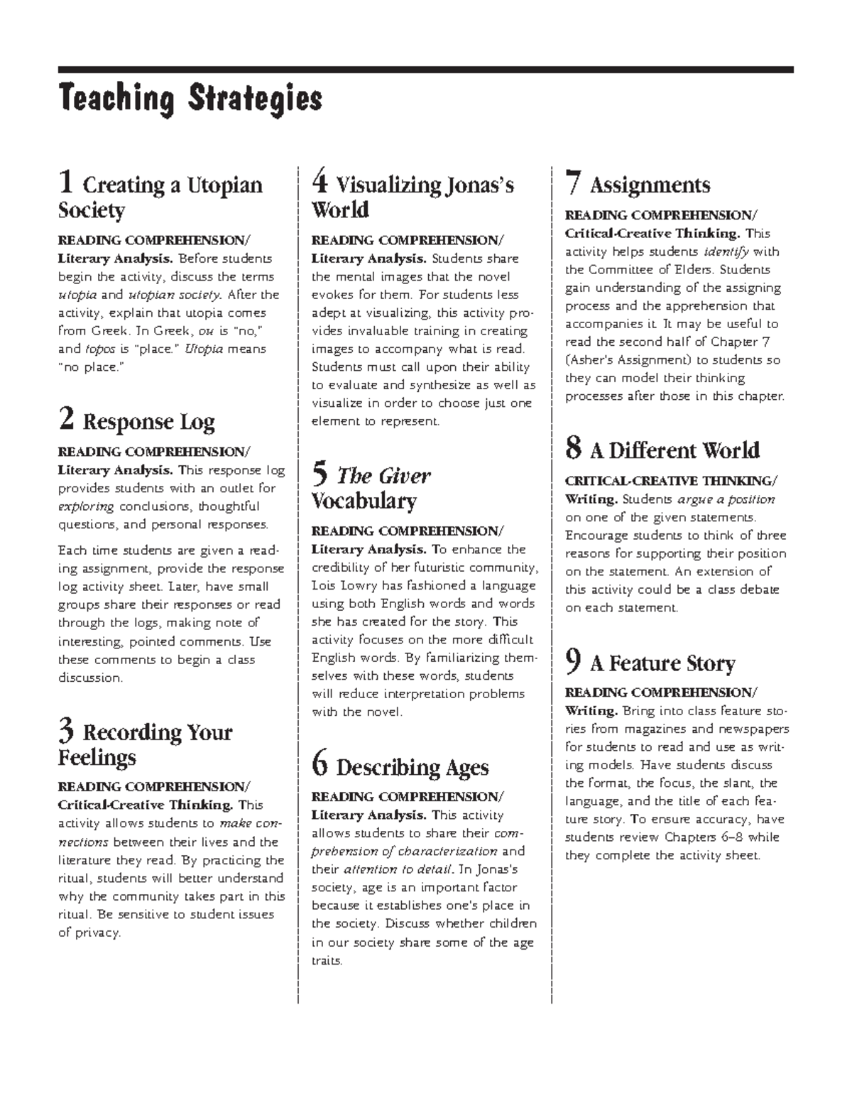 The Giver 9Teaching Activities-1 - 1 Creating a Utopian Society READING ...