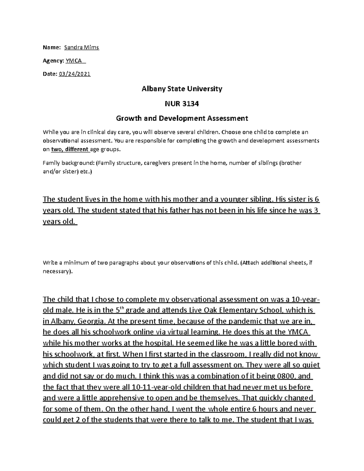 Sandra.mims PEDS YMCA clinical paperwork - Name: Sandra Mims Agency ...