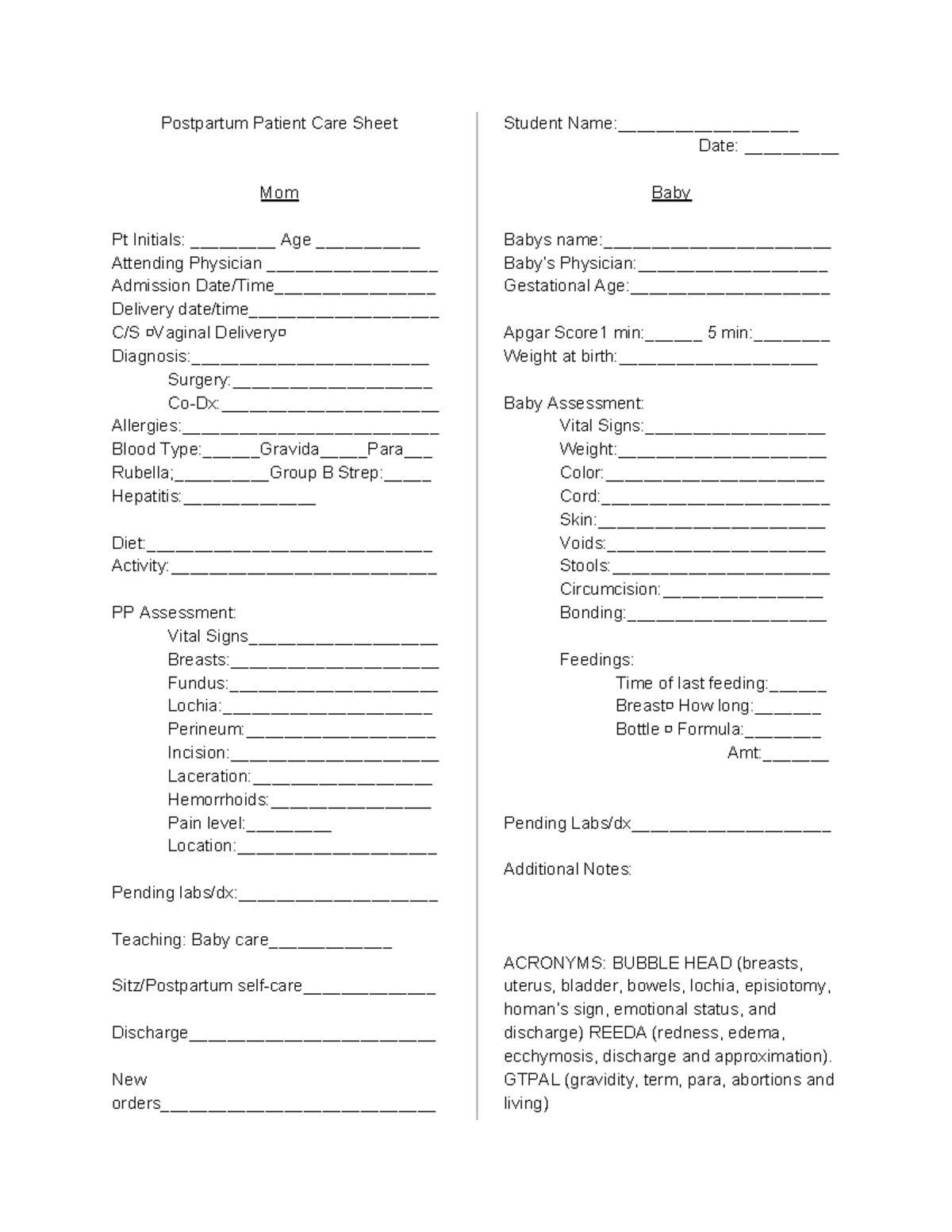 Postpartum Patient Care Sheet - Postpartum Patient Care Sheet Mom Pt ...