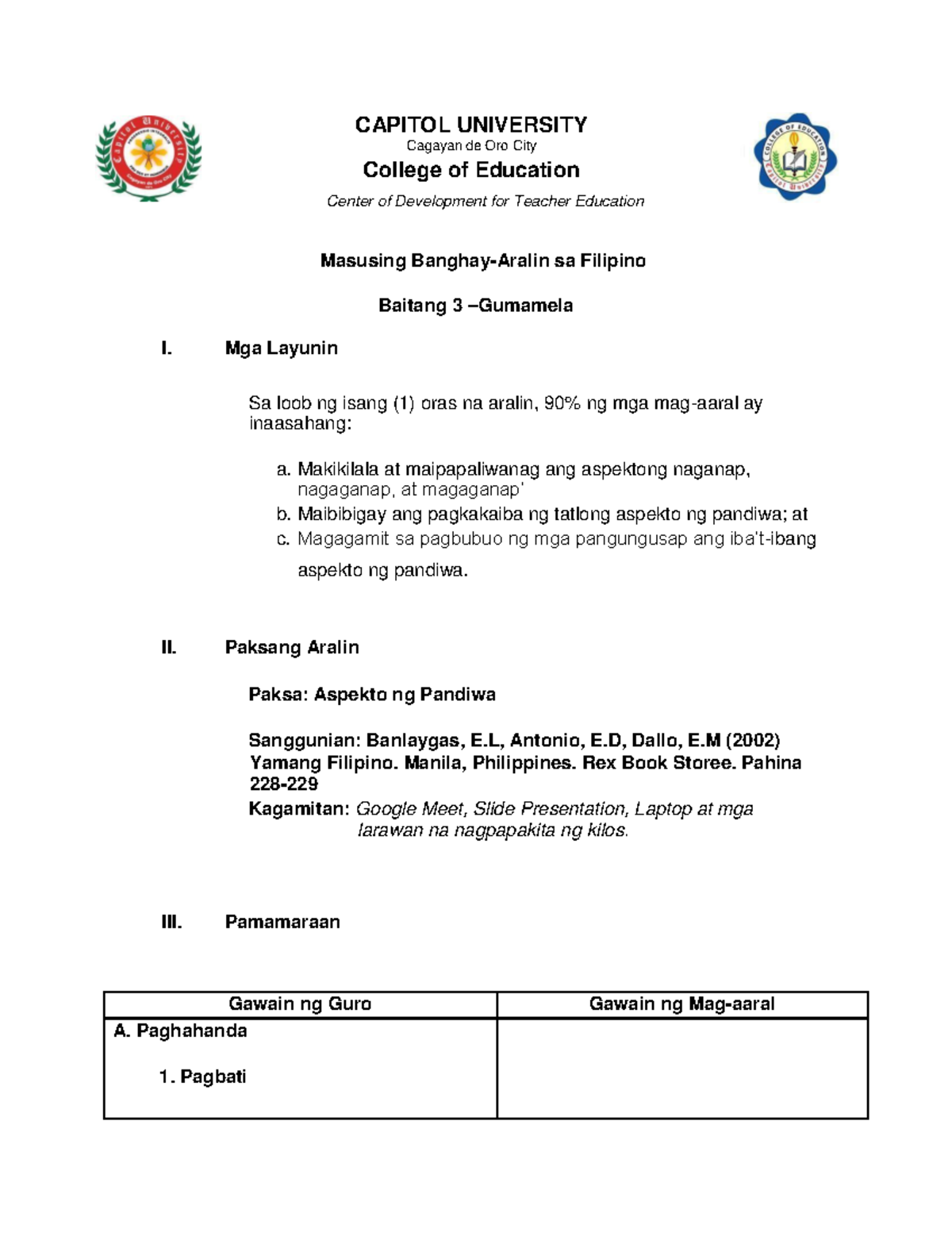 Aspekto NG Pandiwa DLP Filipino 2 Final - CAPITOL UNIVERSITY Cagayan de ...