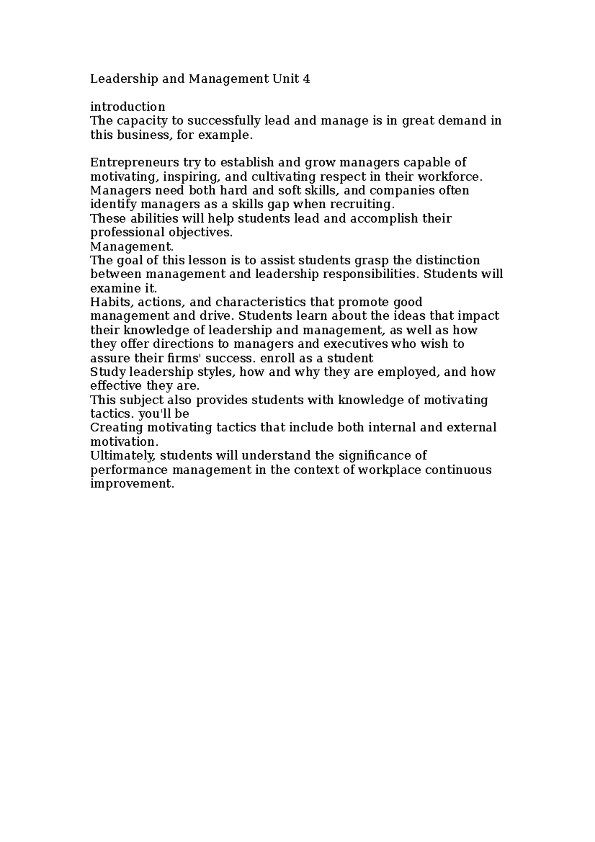 bgvcbvbsdfsdfgsd - Leadership and Management Unit 4 introduction The ...