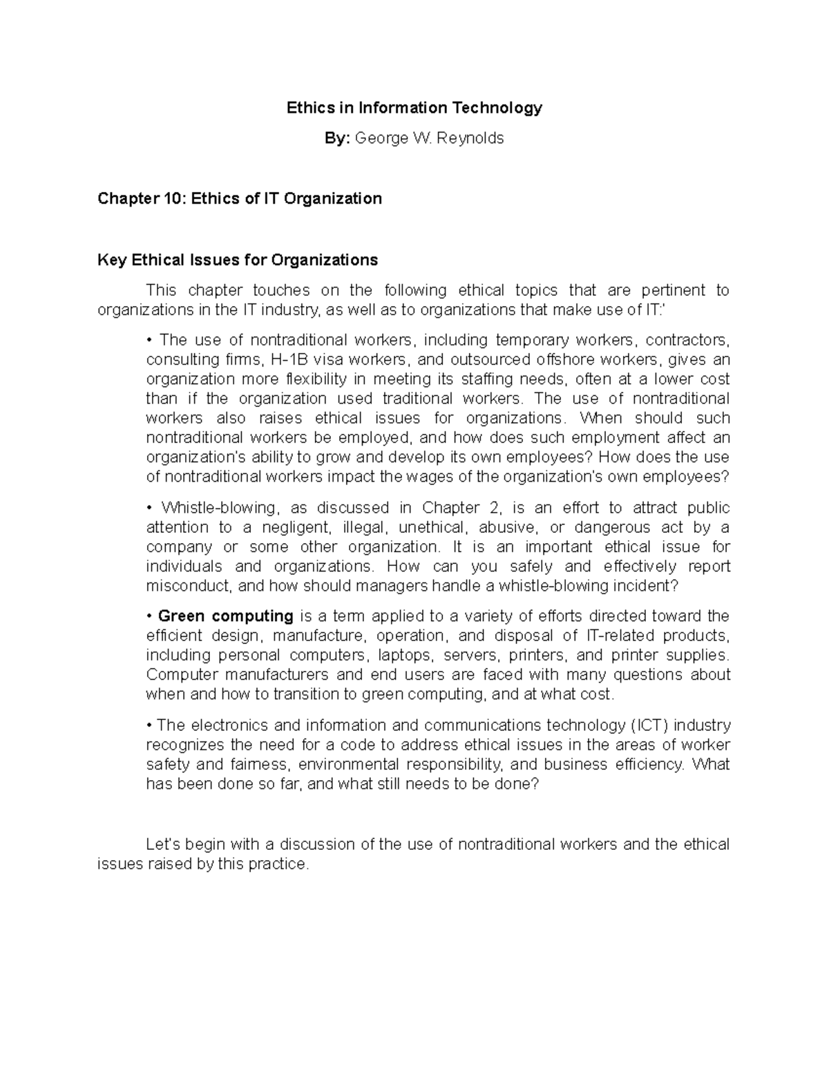 Chapter 10 key ethical issues for organizations - Ethics in Information ...