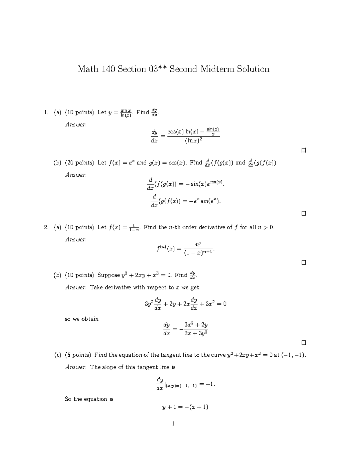 Exam2 practice exam - Math notes - Math 140 Section 03** Second Midterm ...