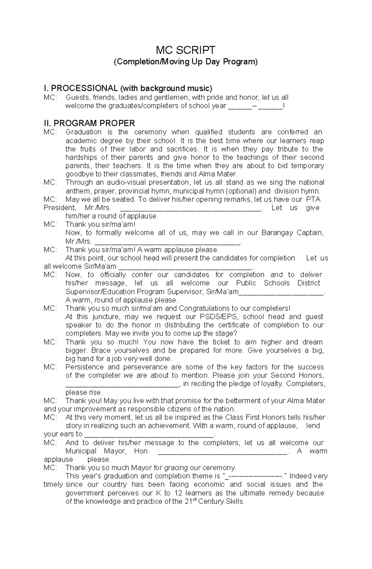 Emcee Script FOR Moving UP OR Graduation - MC SCRIPT (Completion/Moving ...