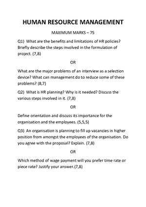 HRM previous year question papers - Human Resource Management - Studocu