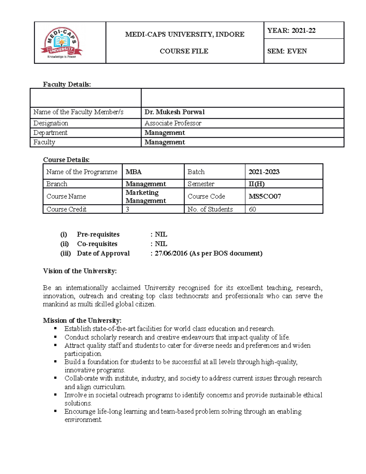 MM MBA II H Course FILE - MEDI-CAPS UNIVERSITY, INDORE COURSE FILE SEM ...