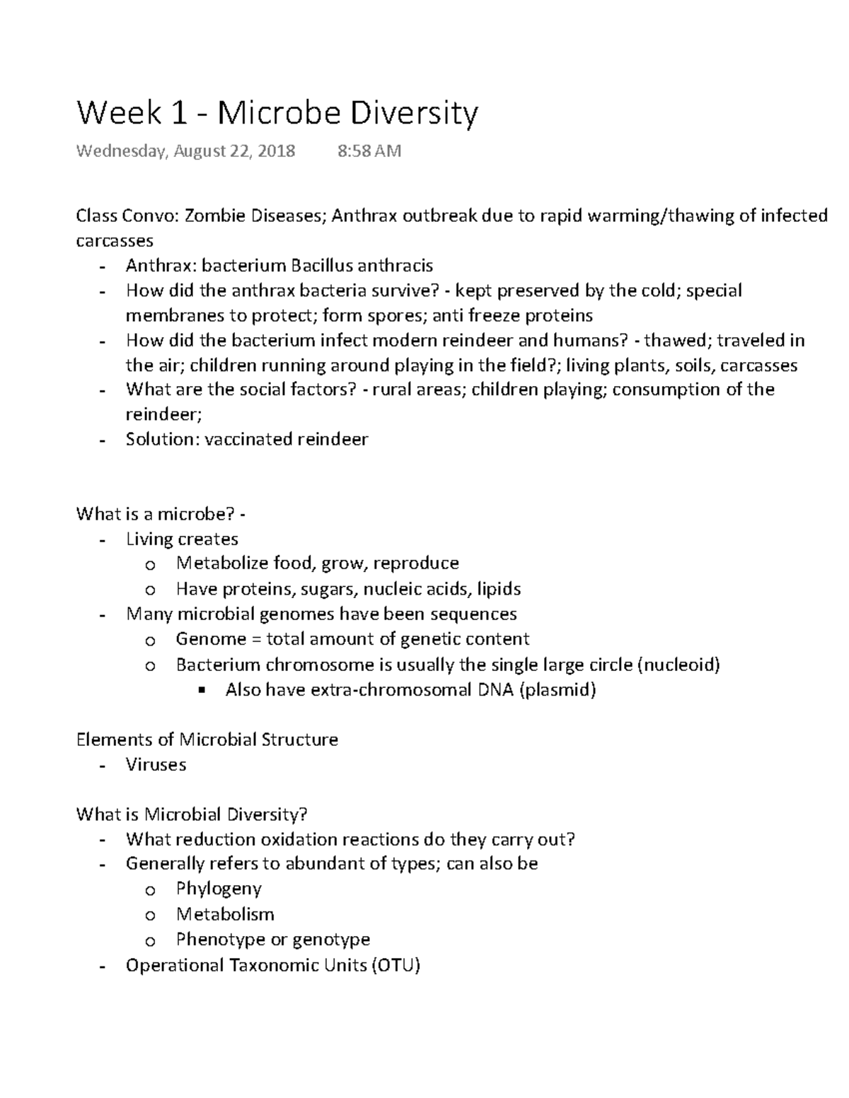 8/20 Microbe Diversity Lecture Notes - Week 1 Microbe Diversity ...