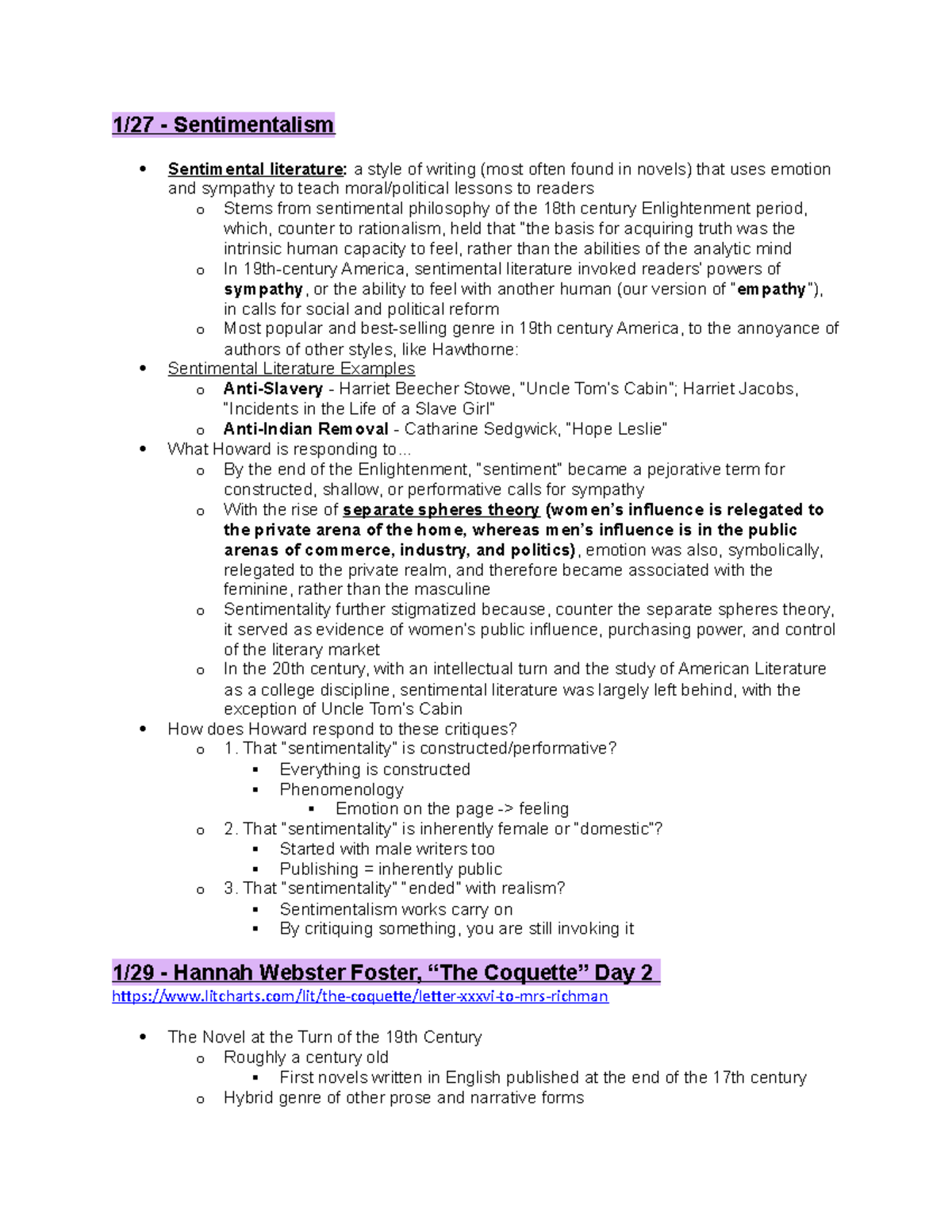 January Lecture Notes - 1/27 - Sentimentalism Sentimental literature ...