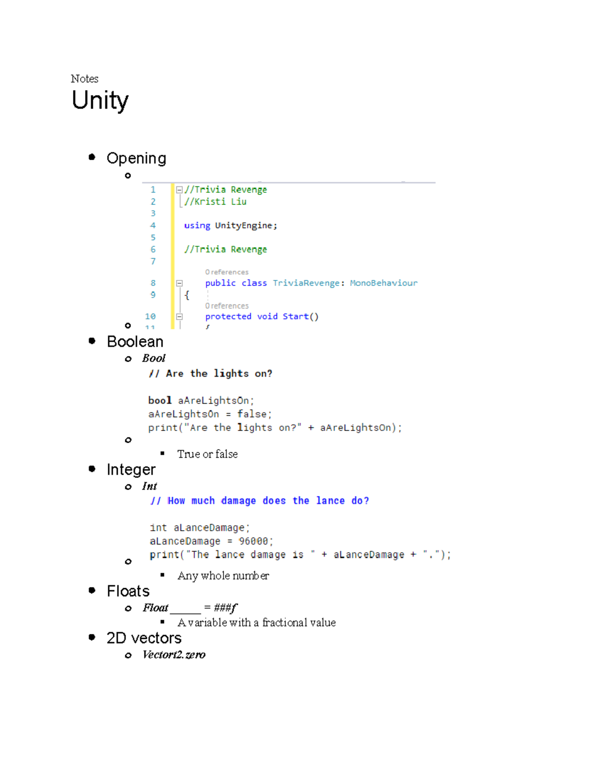 Scripting Notes - Notes Unity Opening o o Boolean o Bool o True or ...
