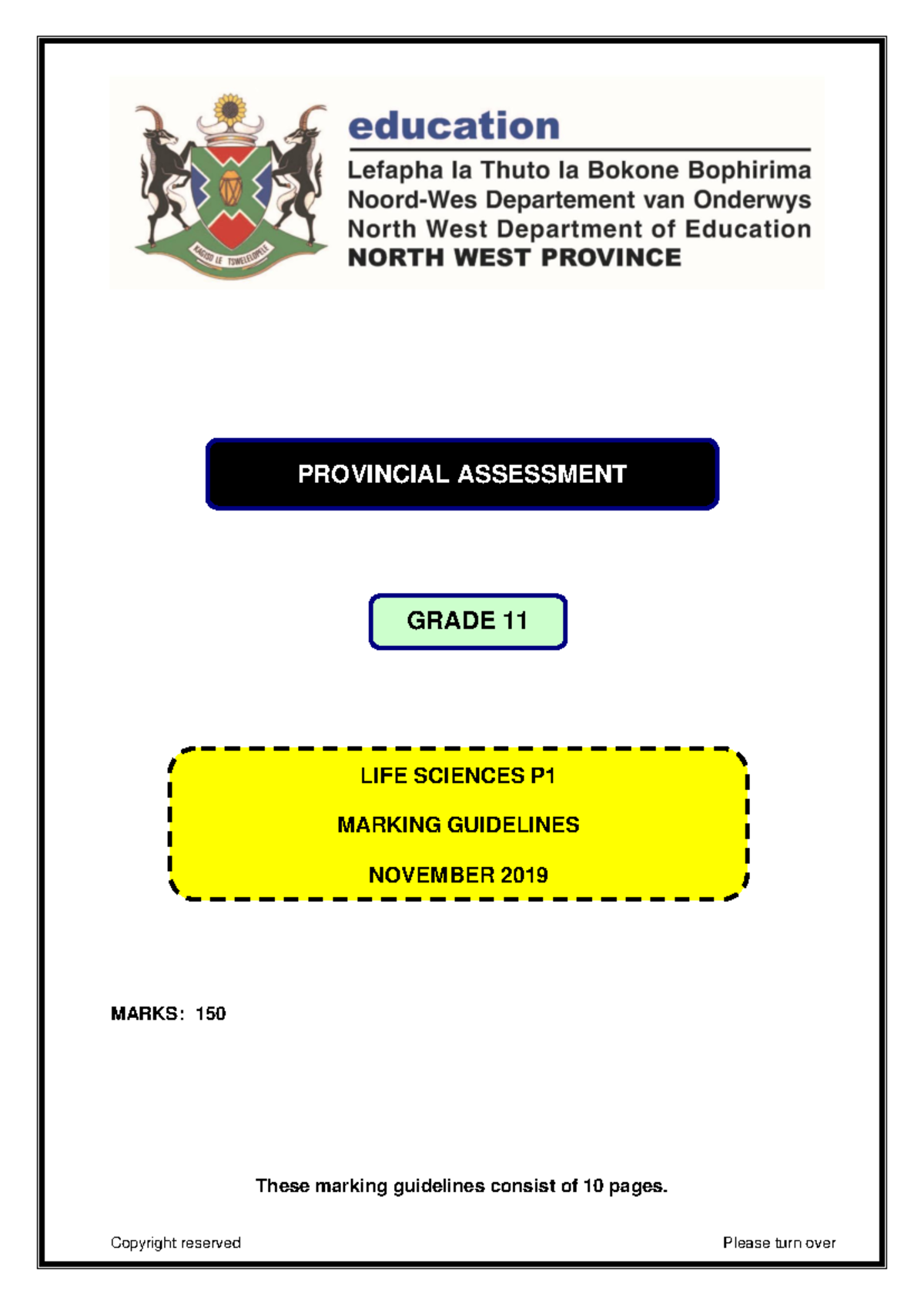 NW-NSC-GR-11-LIFE- Sciences-P1-ENG-MEMO-NOV-2019 - MARKS: 150 These ...
