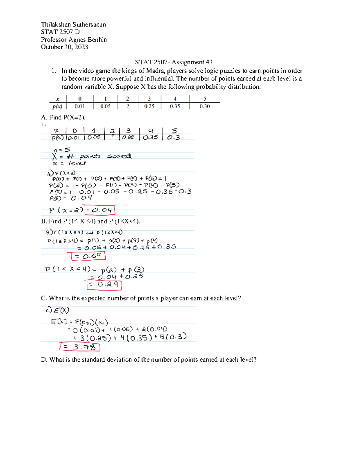 Assignment Three - STAT 2507 D Professor Agnes Benhin October 30, 2023 STAT 2507- Assignment # 3 ...