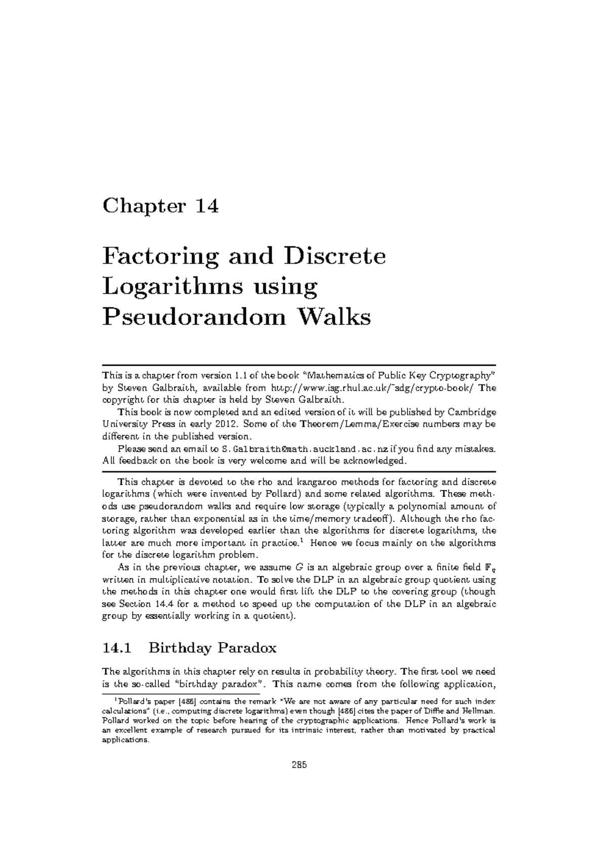 Chapter 14 Factoring and Discrete Logarithms using Pseudorandom Walks - Chapter 14 Factoring and ...