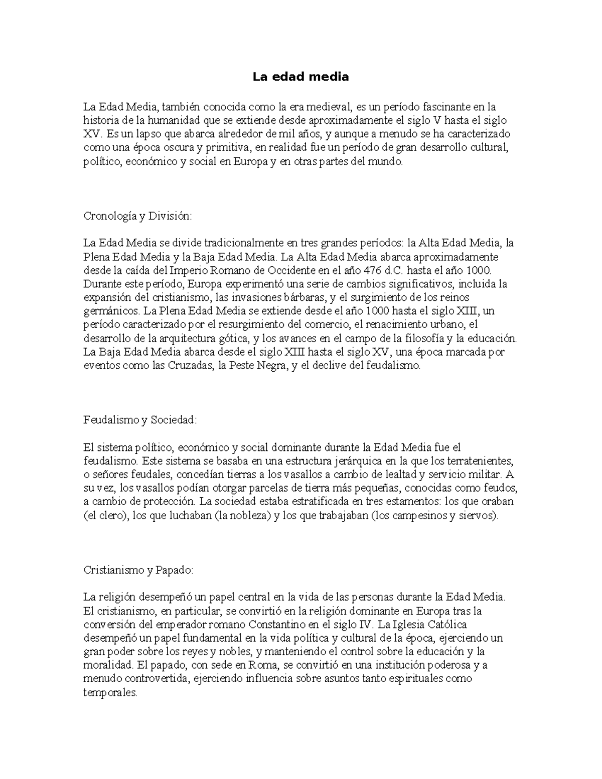 La edad media - La edad media La Edad Media, también conocida como la ...