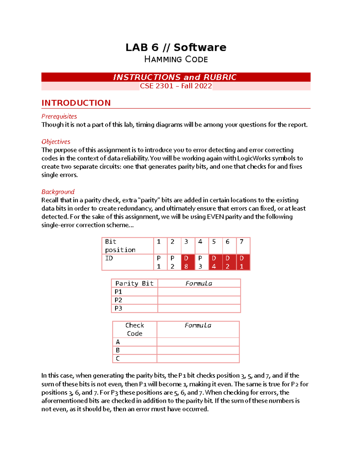 Hamming Code Lab - LAB 6 // Software HAMMING CODE INSTRUCTIONS and RUBRIC CSE 2301 – Fall 2022 ...