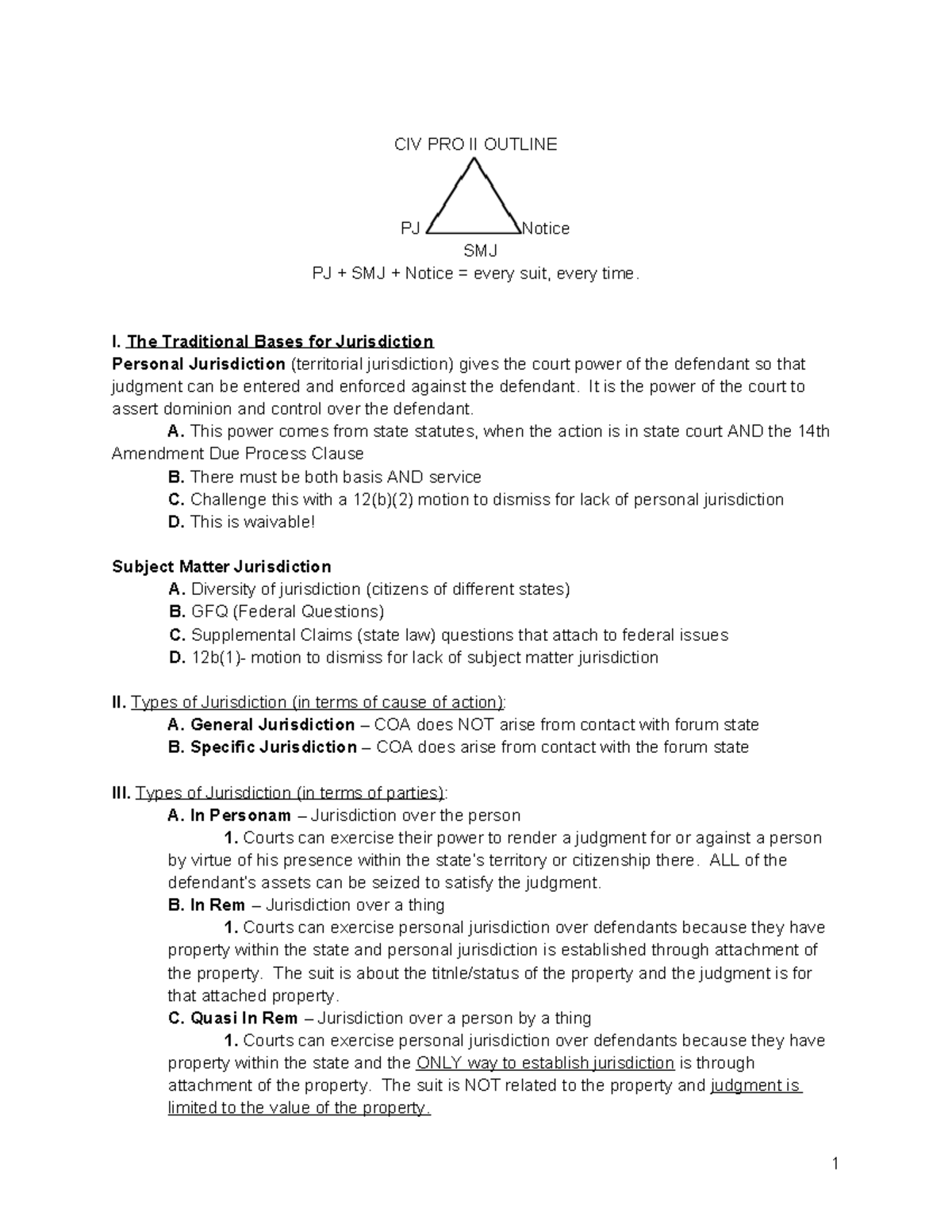 Civ Pro II Outline - CIV PRO II OUTLINE PJ Notice SMJ PJ + SMJ + Notice ...