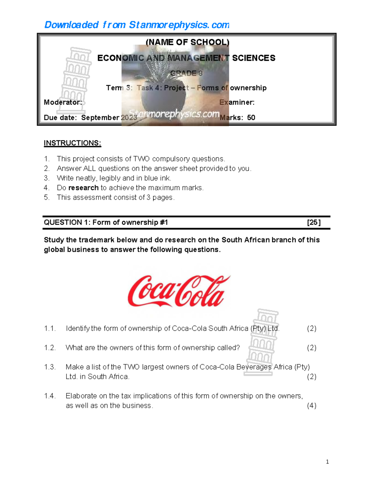 EMS Grade 8 Project 2023 TERM 3 QP and Memo - (NAME OF SCHOOL) ECONOMIC ...
