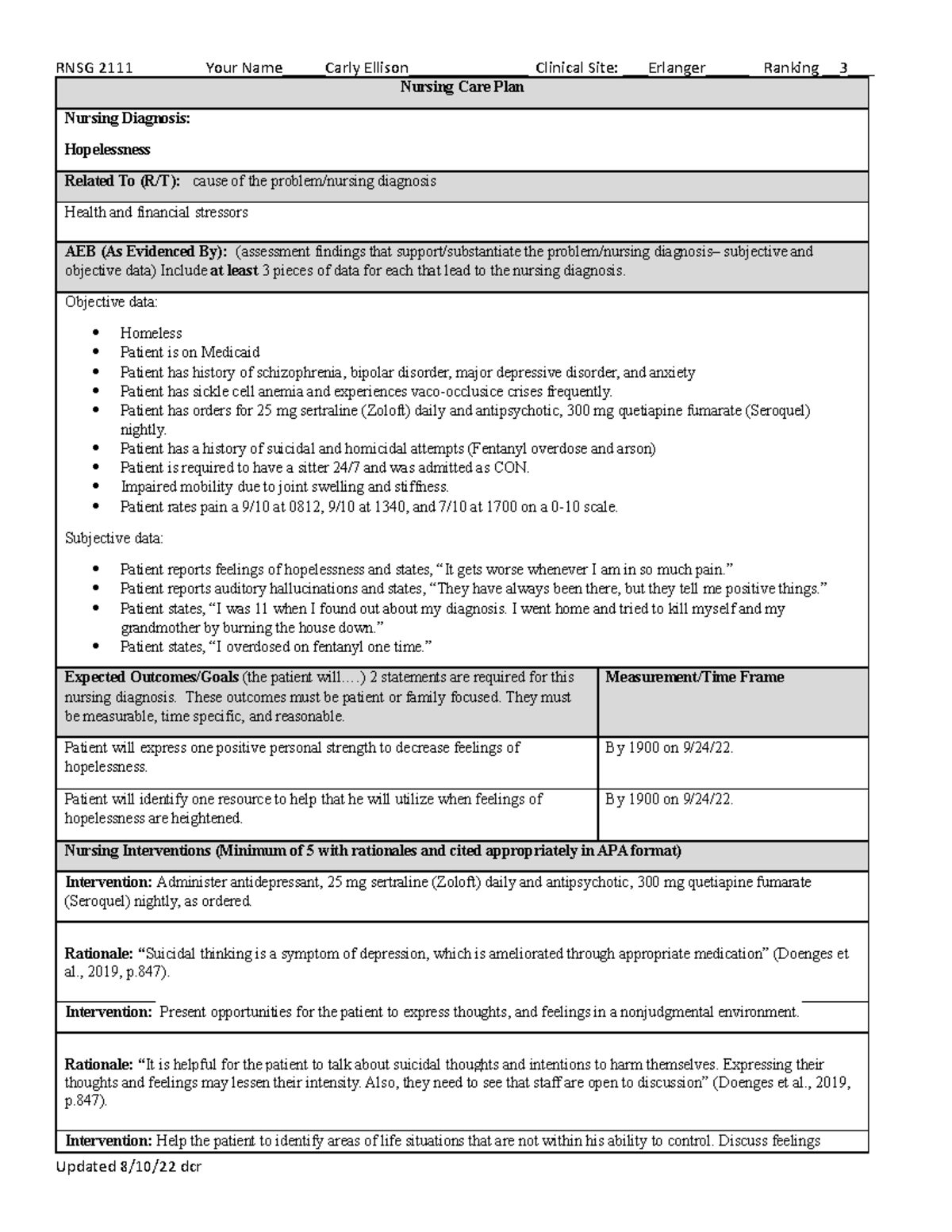 Hopelessness - CARE PLAN - RNSG 2111 Your Name_____Carly Ellison ...