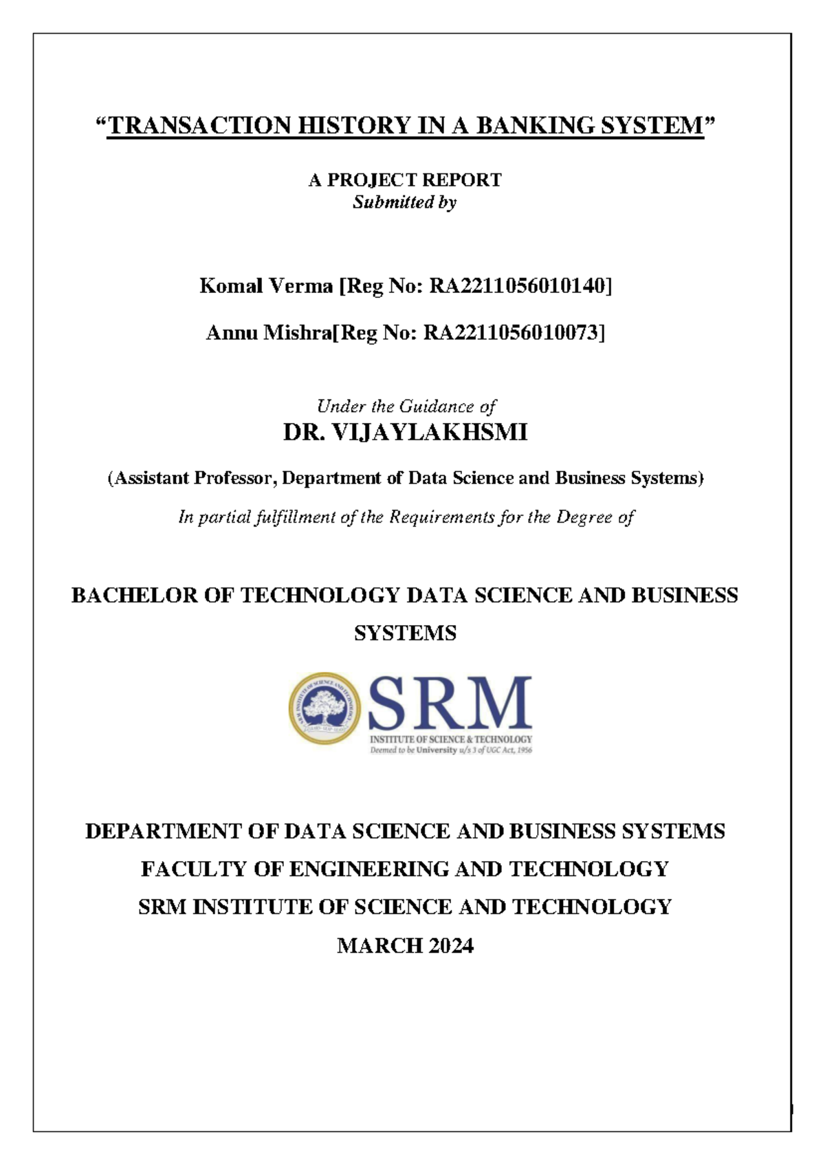 Report daa - none - “TRANSACTION HISTORY IN A BANKING SYSTEM” A PROJECT ...