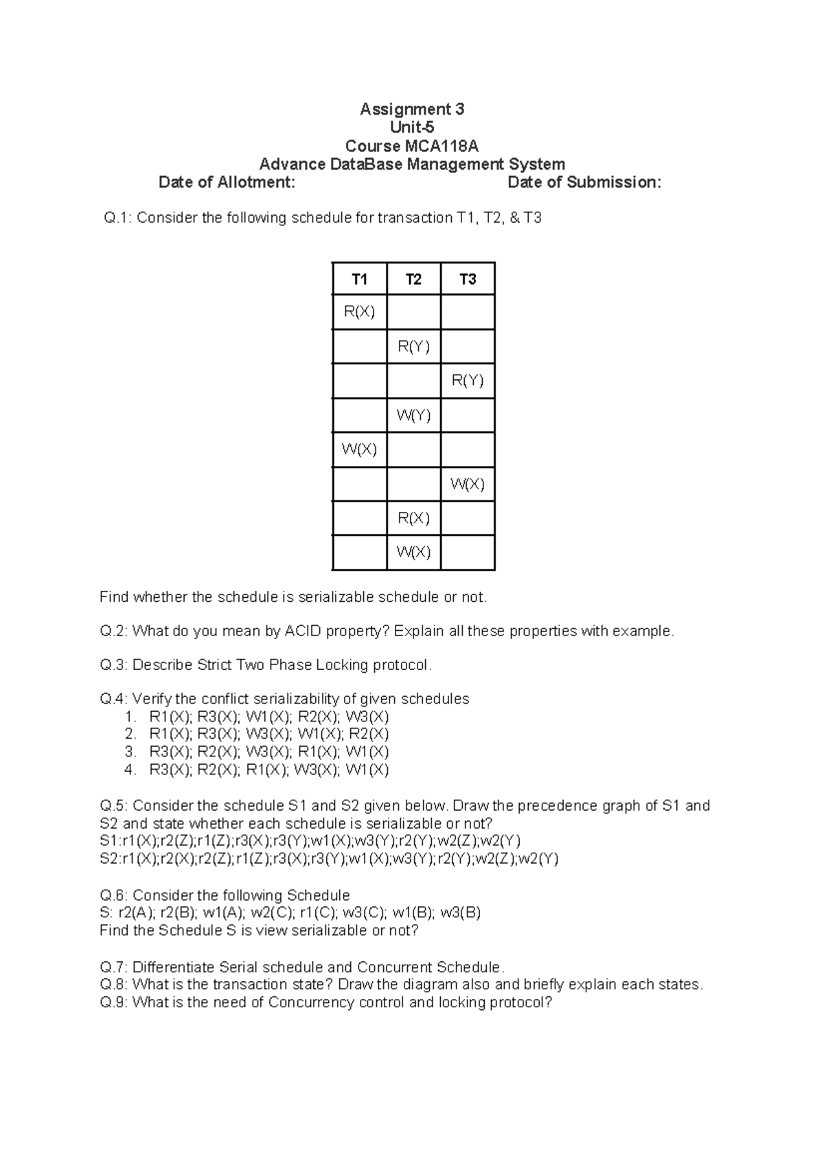 Assignment 3 & 4 Questions - Assignment 3 Course MCA118A Advance DataBase Management System Date ...