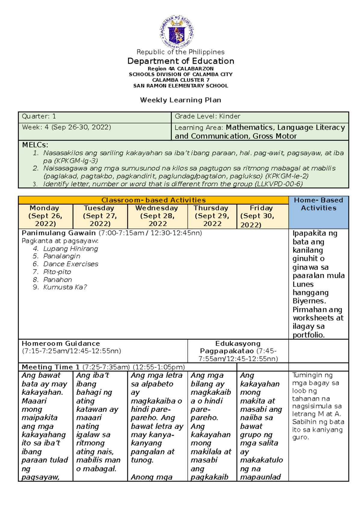 Weekly-Learning-Plan week-4 - s Republic of the Philippines Department of Education Region 4A ...
