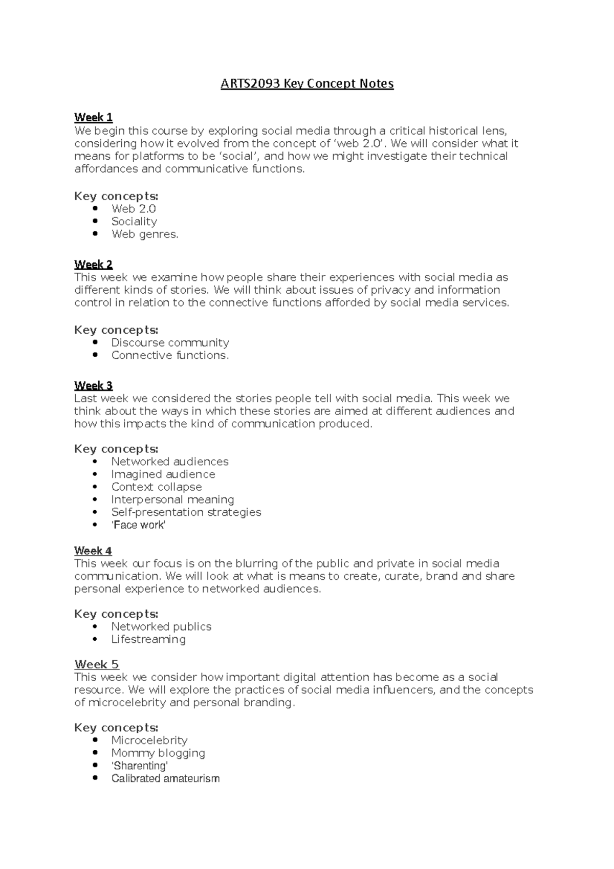 Key Concept Notes - ARTS2093 Key Concept Notes Week 1 We begin this ...