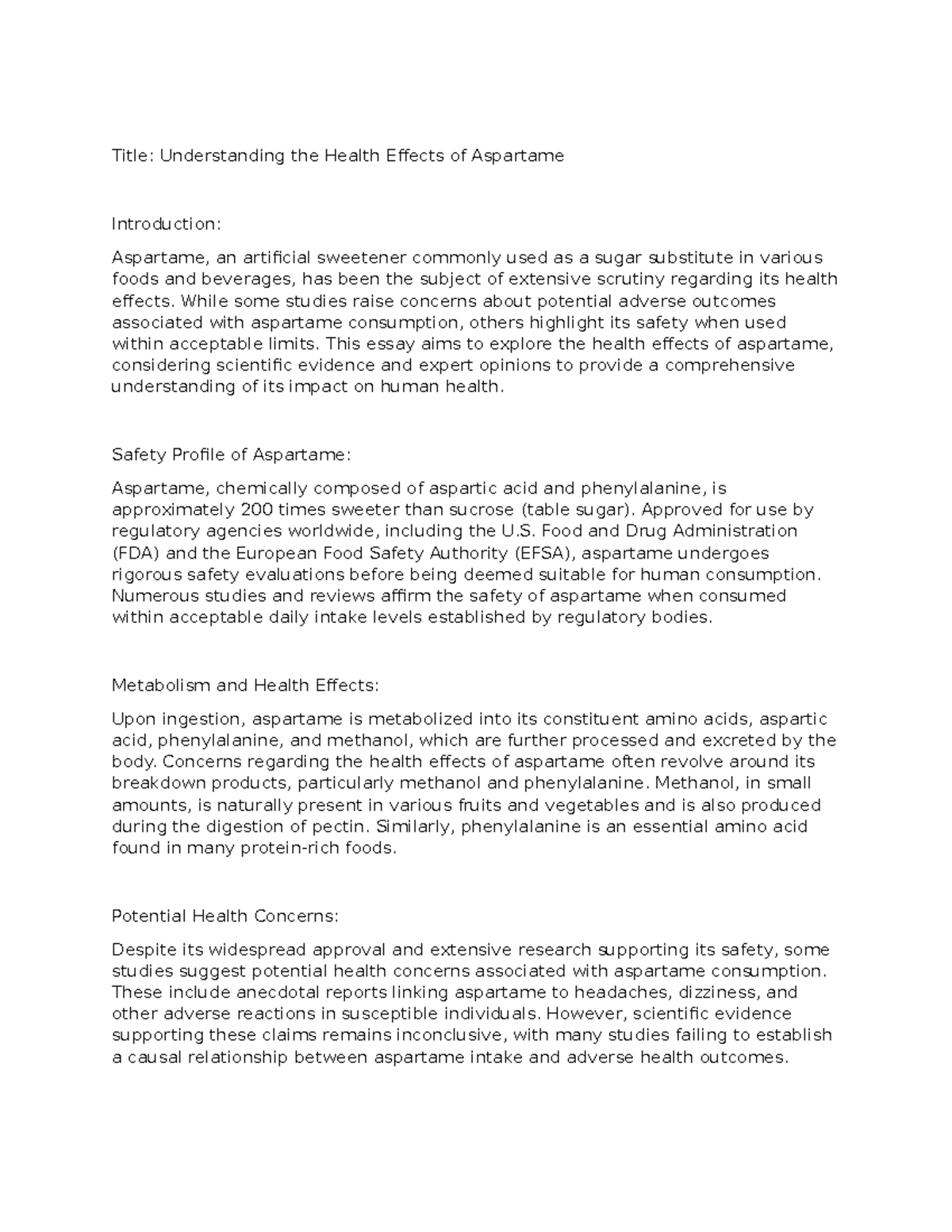 Aspartame - Title: Understanding the Health Effects of Aspartame ...