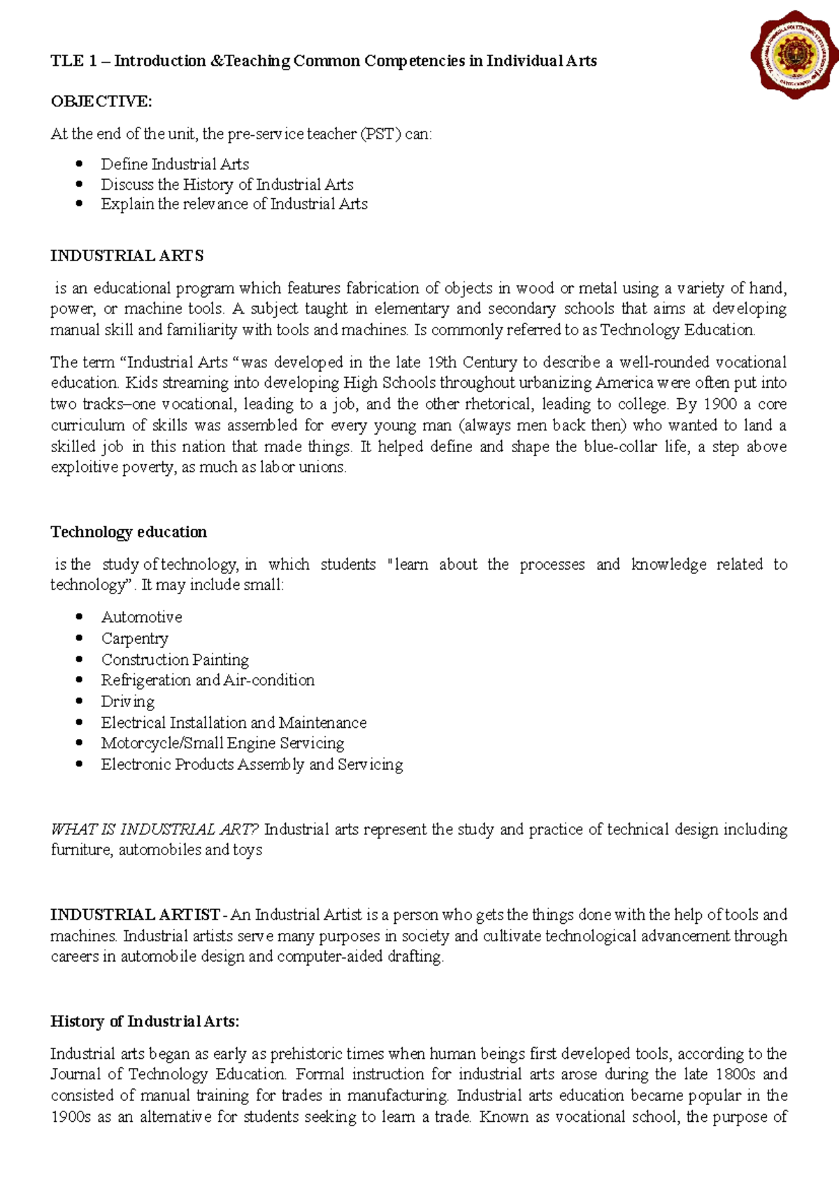 TLE 1 - For TLE1 INDUSTRIAL ARTS - TLE 1 – Introduction &Teaching ...