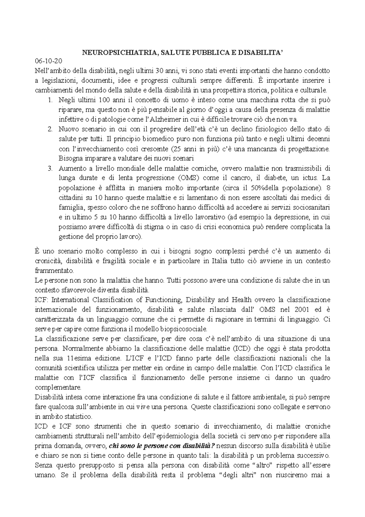 Appunti - lezioni prese durante le lezioni - NEUROPSICHIATRIA, SALUTE ...