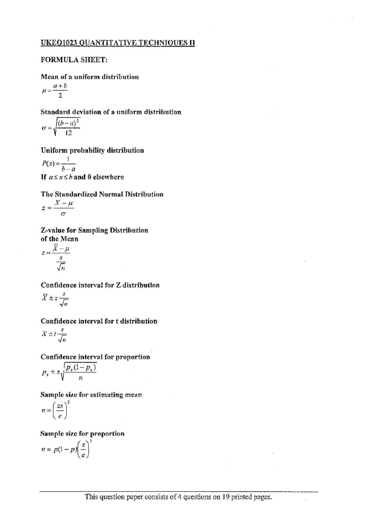 Formula Sheet - Copied from past year examinations. - Quantitative ...