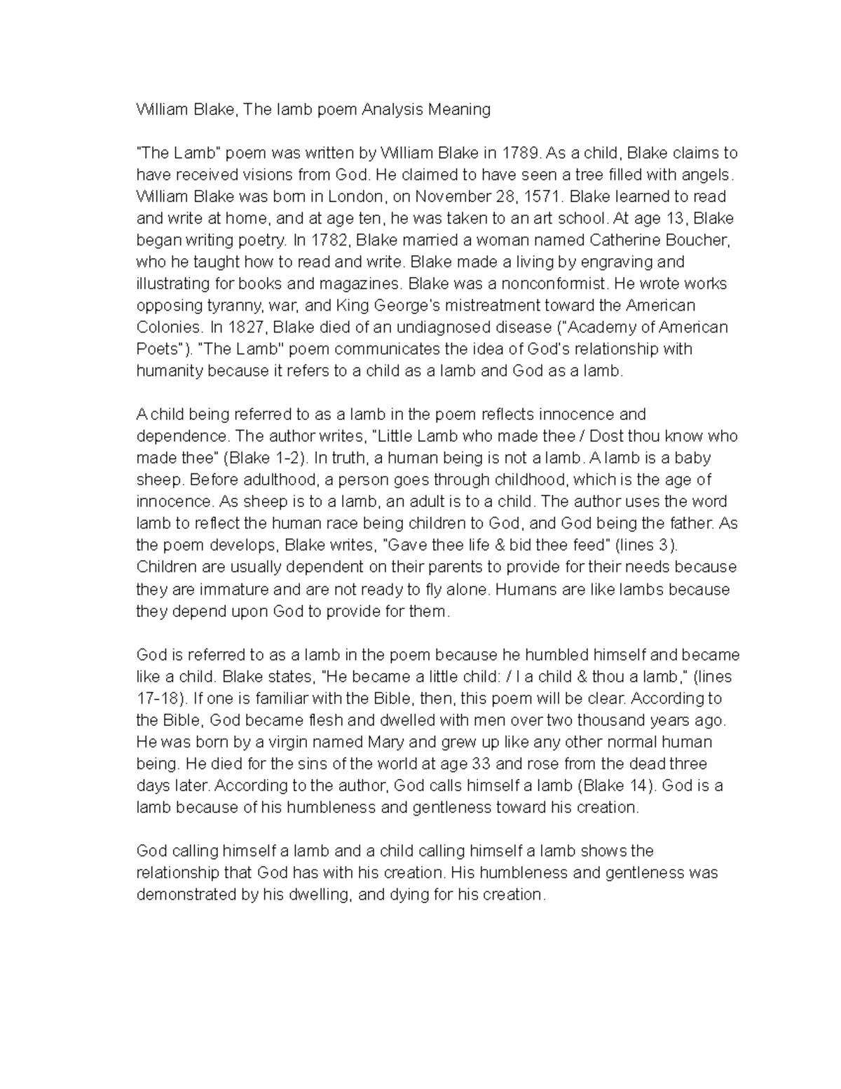 The Lamb peom analysis and meaning - ENG 1 - SMC - Studocu