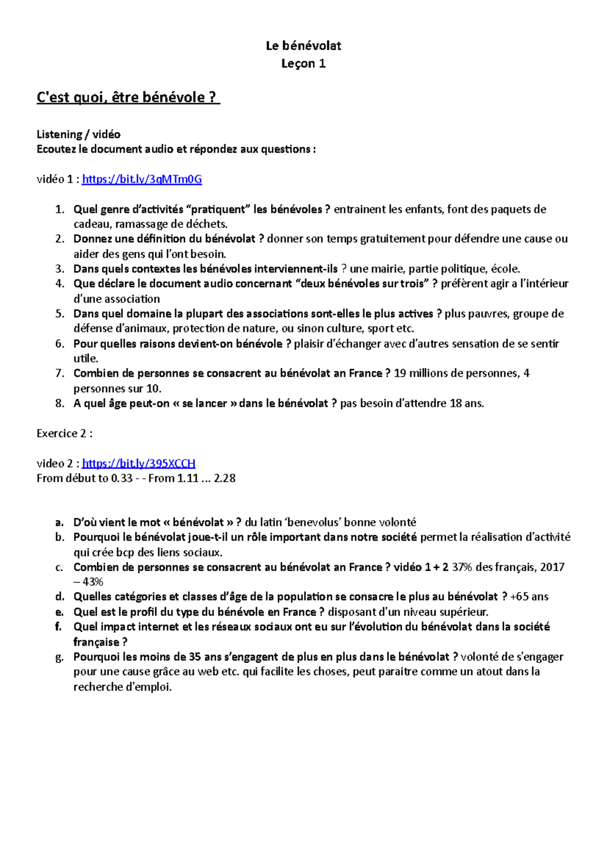 Le bénévolat Leçon 1 - Le bénévolat Leçon 1 C'est quoi, être bénévole ...